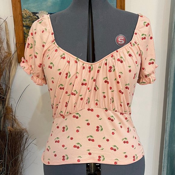 ARULA | Tops | Arula Size A Pink Ribbed Cherry Print Fitted Short Sleeve Crop Top | Poshmark